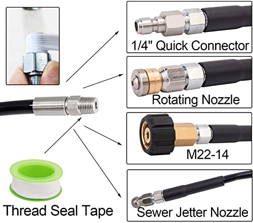 Sewer Jetter Kit for Pressure Washer 100 Ft, 1/4 Inch NPT Drain Cleaning Hose, Orifice 5.5, 4.5, 4.0 Button Rotating and Button Hose Sewer Jetting Nozzle (4000 PSI)