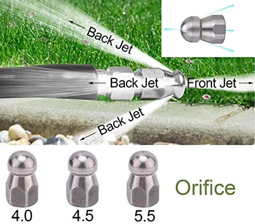 Sewer Jetter Kit for Pressure Washer 100 Ft, 1/4 Inch NPT Drain Cleaning Hose, Orifice 5.5, 4.5, 4.0 Button Rotating and Button Hose Sewer Jetting Nozzle (4000 PSI)