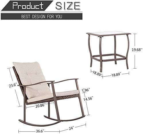 Skiway 3 Piece Outdoor Rocking Chair Set, Patio Brown Wicker Rattan Rocker, Cushioned Bistro Higher Back Rocking Chairs Set of 2 with Glass Table