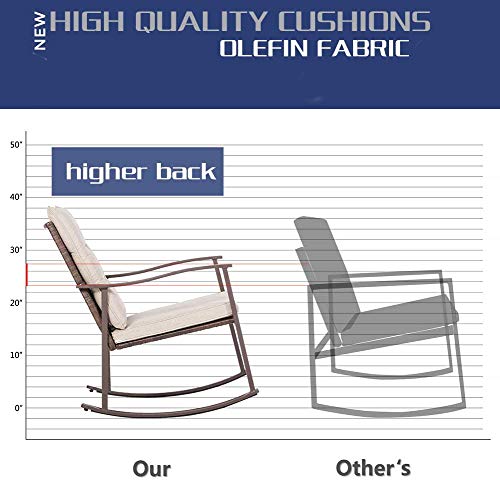 Skiway 3 Piece Outdoor Rocking Chair Set, Patio Brown Wicker Rattan Rocker, Cushioned Bistro Higher Back Rocking Chairs Set of 2 with Glass Table