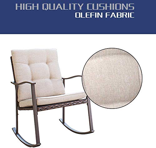 Skiway 3 Piece Outdoor Rocking Chair Set, Patio Brown Wicker Rattan Rocker, Cushioned Bistro Higher Back Rocking Chairs Set of 2 with Glass Table