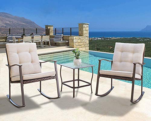 Skiway 3 Piece Outdoor Rocking Chair Set, Patio Brown Wicker Rattan Rocker, Cushioned Bistro Higher Back Rocking Chairs Set of 2 with Glass Table