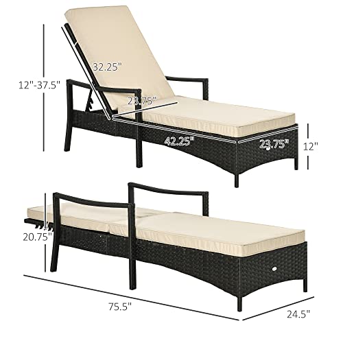 Outsunny Wicker Chaise Lounge, 4 Position Adjustable Backrest and Cushions Outdoor Lounge Chair PE Rattan Sun Lounger for Poolside, Balcony or Garden, Beige