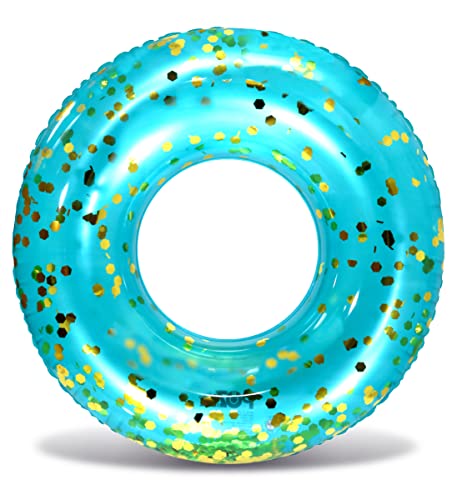 CoTa Global Inflatable Blue Gold Pool Float Tube - Luxurious Fun Lounger Filled with Sparkle Gold Confetti, Cool Blue Gold Design, Water Swimming Ring Pool Floaties for Beach and Pool - 36 Inches