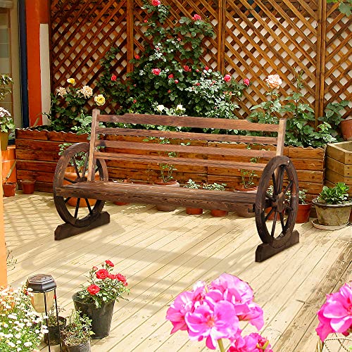 Outsunny Wooden Wagon Wheel Bench, 3-Person Rustic Slatted Seat, Outdoor Patio Furniture, Brown