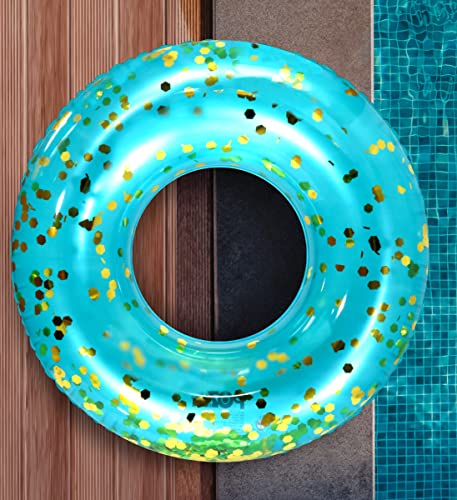 CoTa Global Inflatable Blue Gold Pool Float Tube - Luxurious Fun Lounger Filled with Sparkle Gold Confetti, Cool Blue Gold Design, Water Swimming Ring Pool Floaties for Beach and Pool - 36 Inches