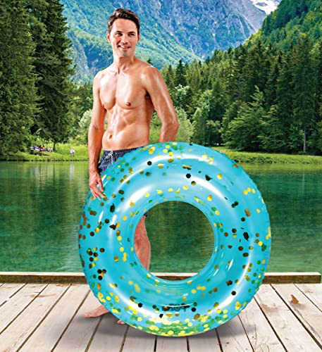 CoTa Global Inflatable Blue Gold Pool Float Tube - Luxurious Fun Lounger Filled with Sparkle Gold Confetti, Cool Blue Gold Design, Water Swimming Ring Pool Floaties for Beach and Pool - 36 Inches