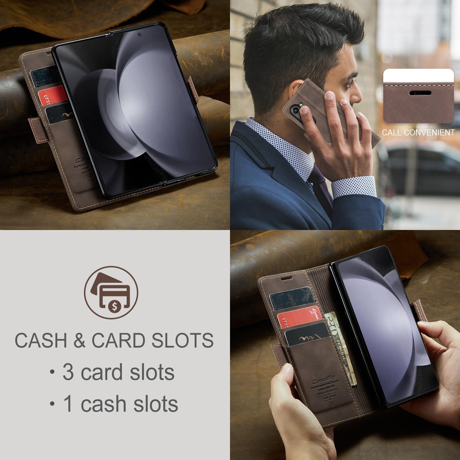 Phone Flip Case Compatible with Samsung Galaxy Z Fold 5 Premium PU Leather Wallet Case, 2 in 1 Flip Magnetic Wallet Cover Case, Matte Soft Leather + TPU Bottom Shell Case W Card Holder+Money Pocket ph