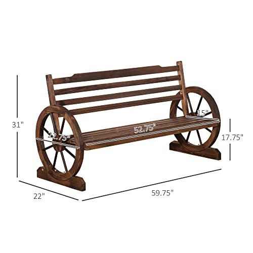 Outsunny Wooden Wagon Wheel Bench, 3-Person Rustic Slatted Seat, Outdoor Patio Furniture, Brown