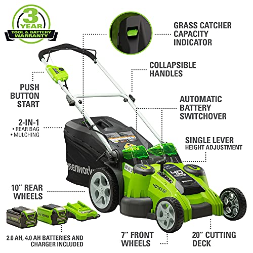 Greenworks 40V 20-Inch Cordless (2-In-1) Push Lawn Mower, 4.0Ah + 2.0Ah Battery and Charger Included 25302