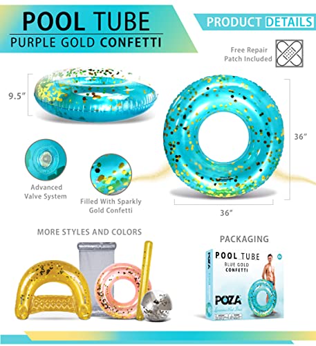 CoTa Global Inflatable Blue Gold Pool Float Tube - Luxurious Fun Lounger Filled with Sparkle Gold Confetti, Cool Blue Gold Design, Water Swimming Ring Pool Floaties for Beach and Pool - 36 Inches