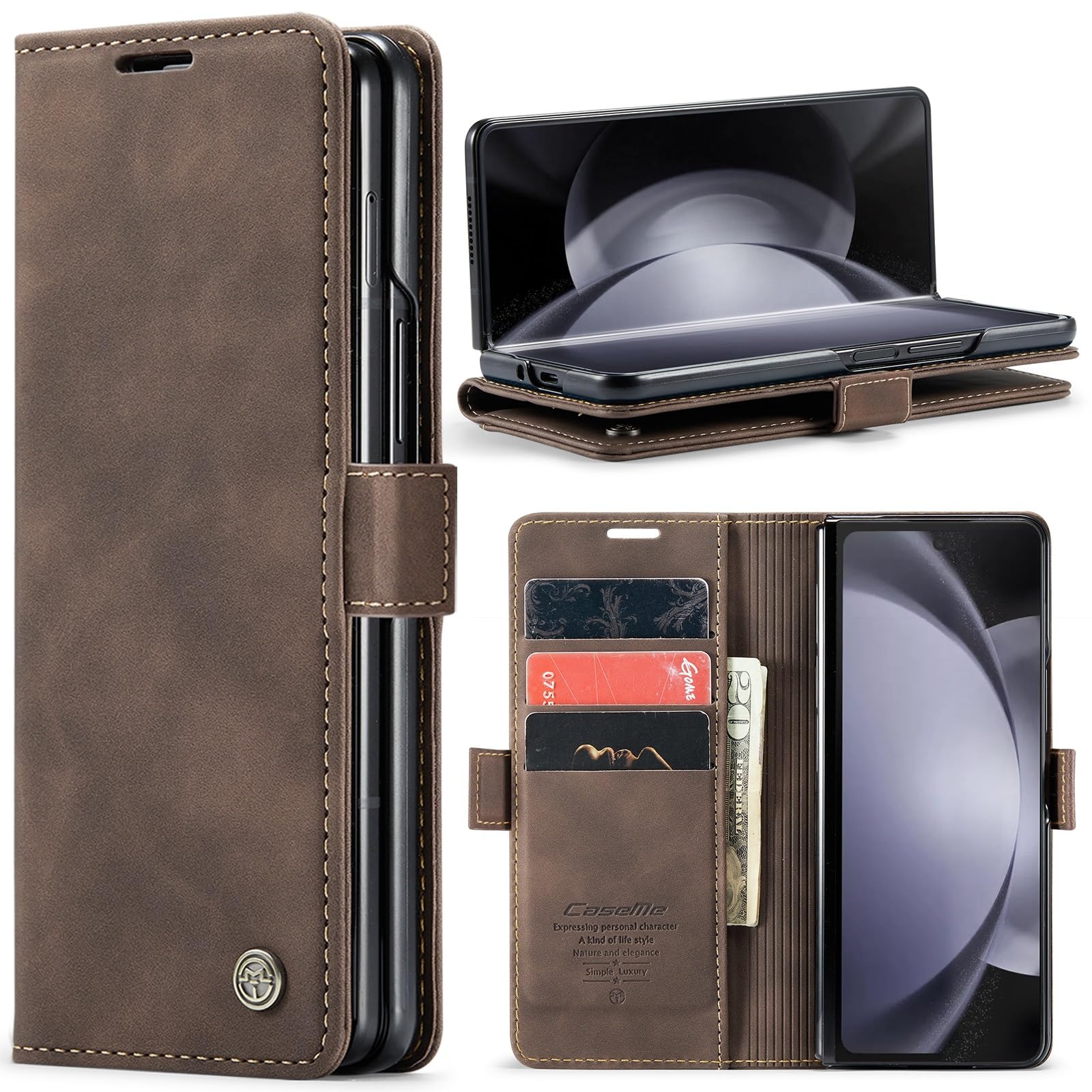 Phone Flip Case Compatible with Samsung Galaxy Z Fold 5 Premium PU Leather Wallet Case, 2 in 1 Flip Magnetic Wallet Cover Case, Matte Soft Leather + TPU Bottom Shell Case W Card Holder+Money Pocket ph
