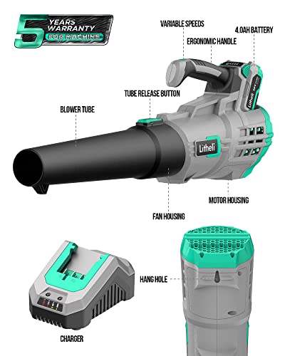 Litheli 20V Cordless Leaf Blower, 350 CFM 85 MPH Battery Leaf Blower, Variable Speeds Leaf Blower for Cleaning Leaves, Dust, Snow, Lawn, Yard, 4.0Ah Battery & Fast Charger Included