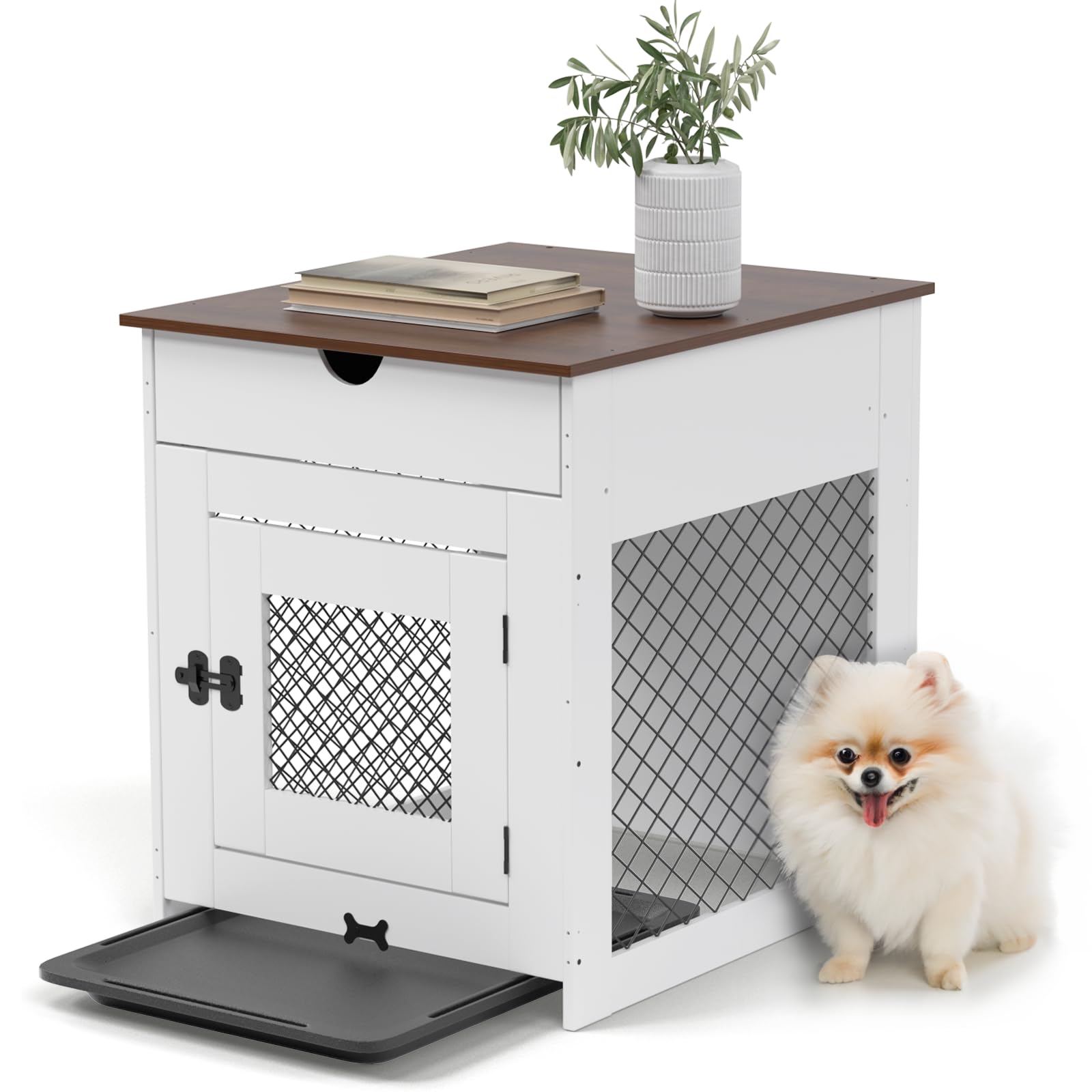 DYTREND Dog Kennel Furniture Wooden Furniture-Style Dog Crate End Table with Drawer | Dog cage for Small Dogs Indoor | White Dog Cage | Chew-Resistant Design