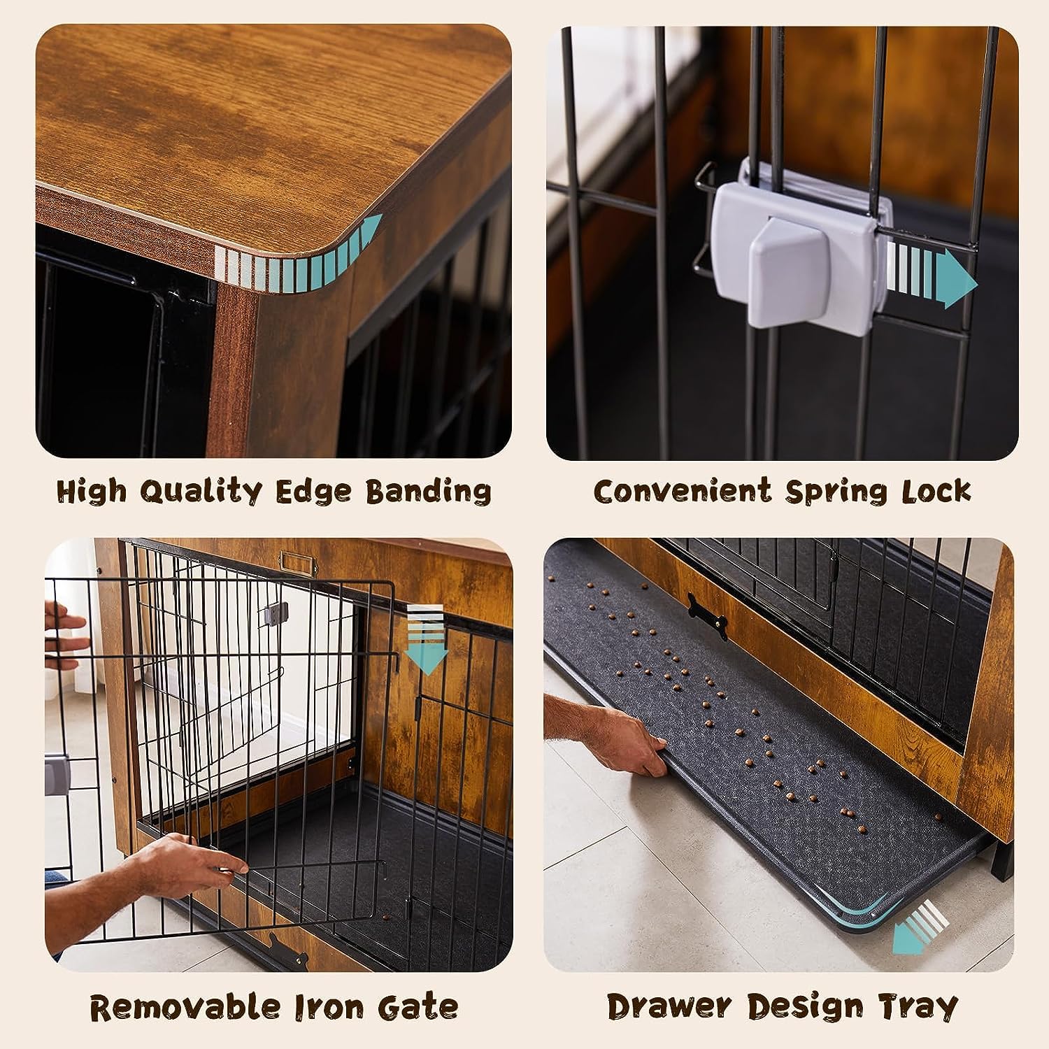 COPAW Dog Crate Furniture - 32 Inch Wooden Wire Pet Kennels with Double Doors Cushion and Removable Tray, Brown, Black