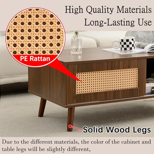 Ganooly Mid Century Modern Coffee Table with Storage, 43.3 Inch Rectangle Wooden Accent Center Table with Sliding PE Rattan Woven Door Panel and Solid Wood Legs, Suitable for Living Room, Apartment