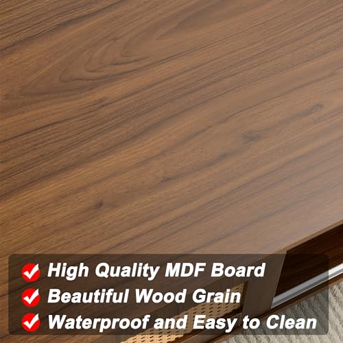 Ganooly Mid Century Modern Coffee Table with Storage, 43.3 Inch Rectangle Wooden Accent Center Table with Sliding PE Rattan Woven Door Panel and Solid Wood Legs, Suitable for Living Room, Apartment