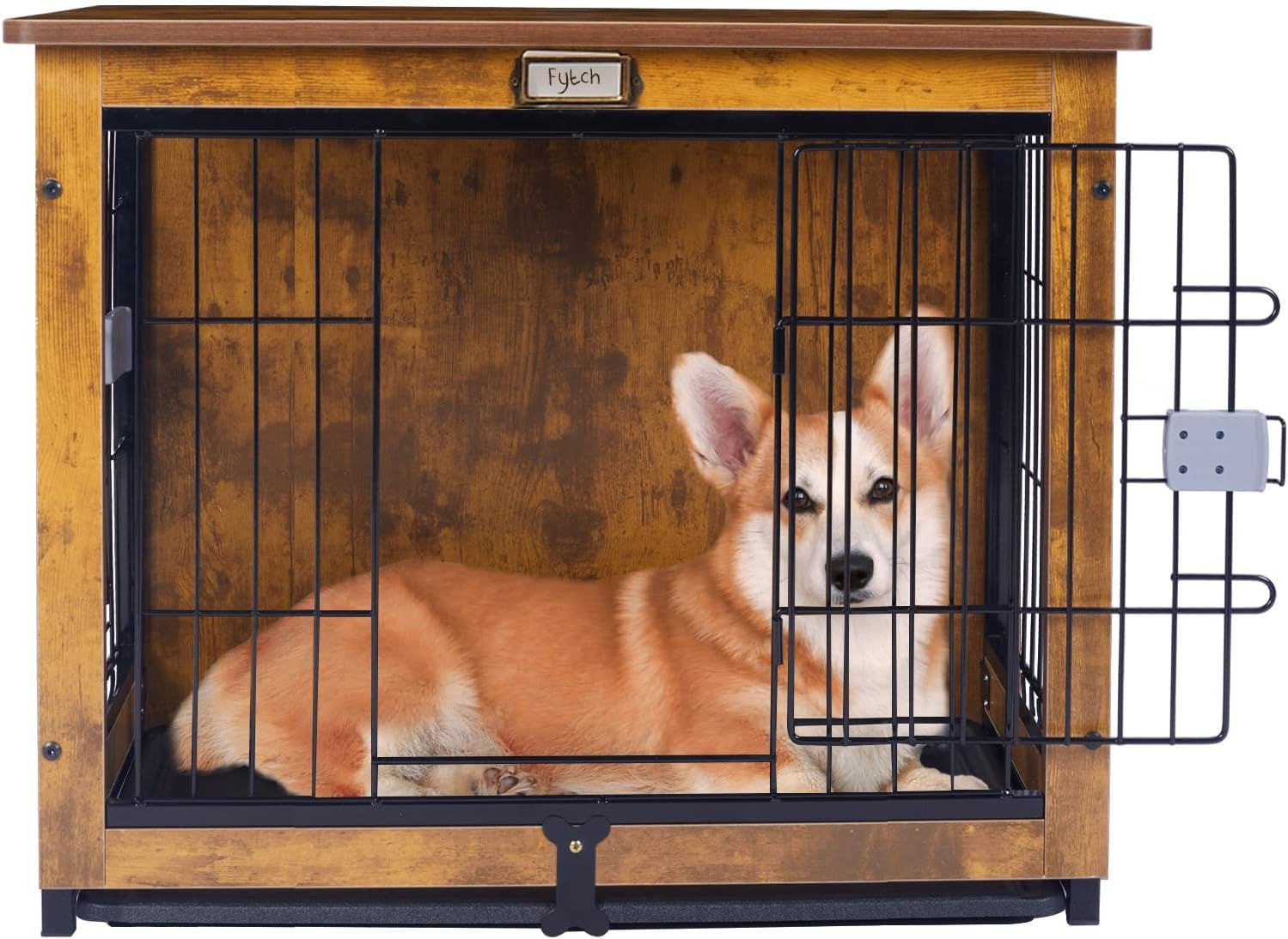 COPAW Dog Crate Furniture - 32 Inch Wooden Wire Pet Kennels with Double Doors Cushion and Removable Tray, Brown, Black