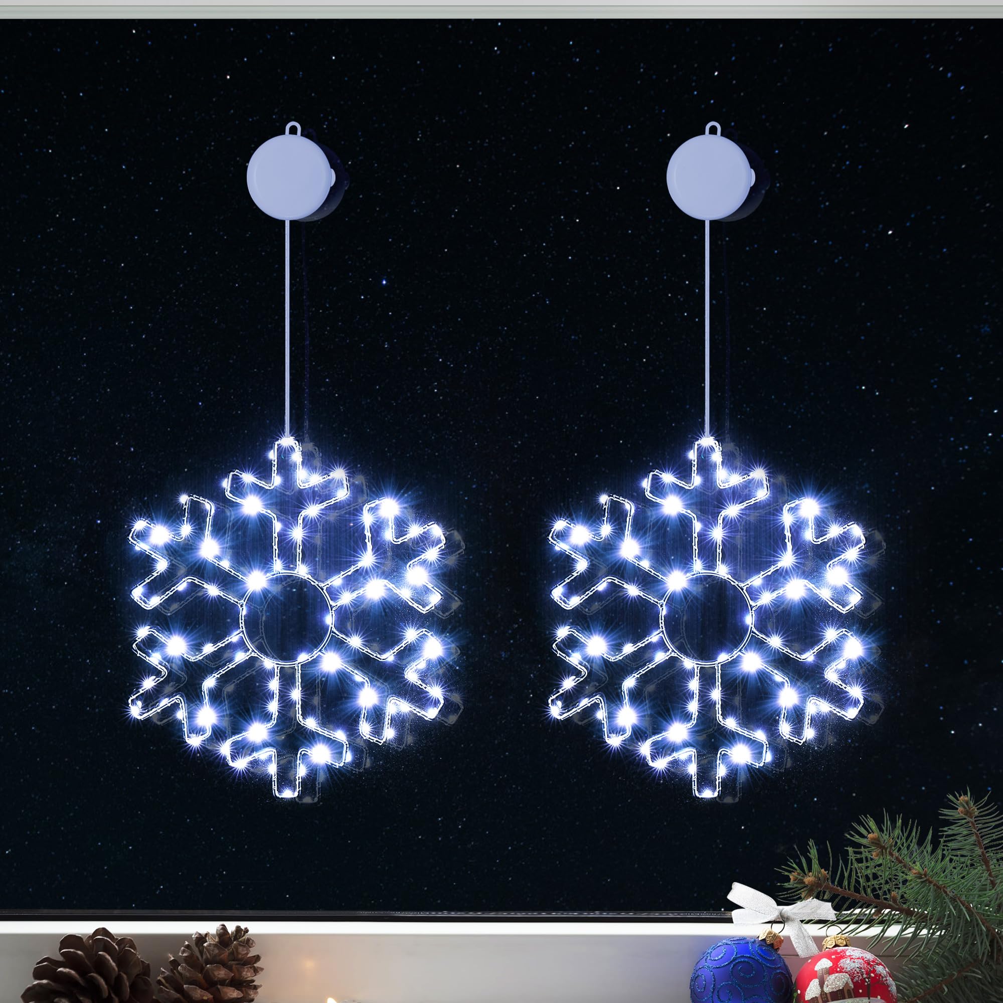 BlcTec 2 Pack 90LED Christmas Window Lights, 13 Inch Snowflakes Christmas Silhouette Lights with Suction Cup & Timer, Battery Operated Durable Metal Frame Window Lights for Christmas Décor, Cool White