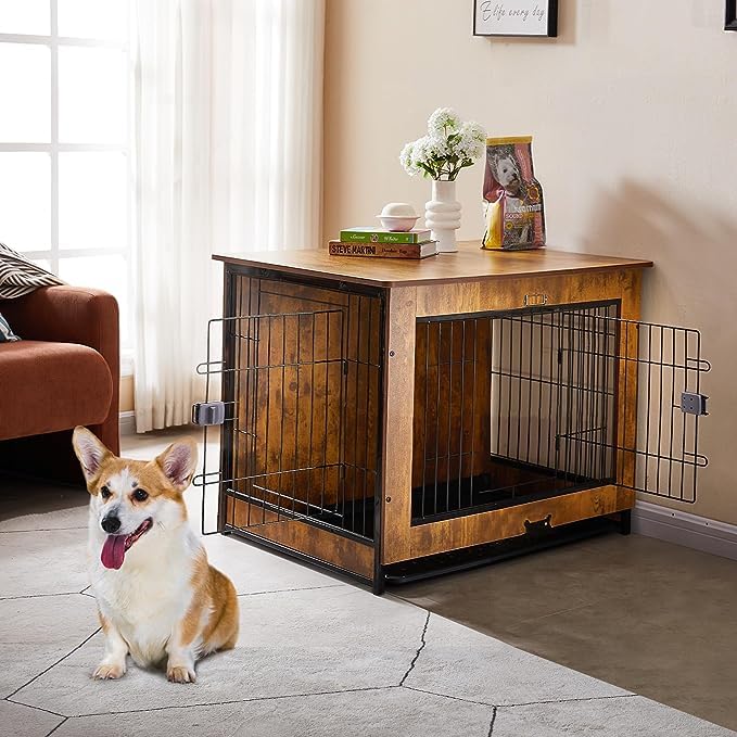 COPAW Dog Crate Furniture - 32 Inch Wooden Wire Pet Kennels with Double Doors Cushion and Removable Tray, Brown, Black