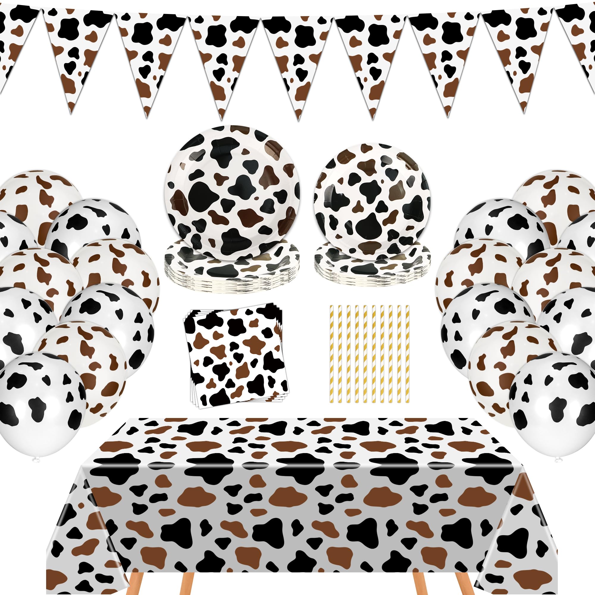 Brown Cow Prints Plates and Napkins Party Supplies, Highland Cow Birthday Decorations-Cow Print Tablecloth, Banner, Plates and Napkins, Balloons, Straws for Farm Party Baby Shower, Cowboy Cowgirl