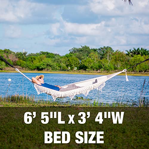Bliss Hammocks BH-400FR Hammock in a Bag with Fringe, Cotton, Portable, Supports up to 250-Pounds for Camping, Hiking and Outdoors, Natural