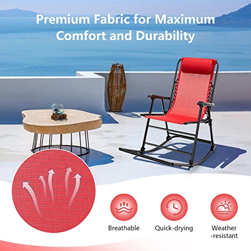 Tangkula Outdoor Folding Rocking Chair, No Assembly Required, Foldable Rocker Recliner with Headrest, Portable Lounge Chair for Camping, Patio, Lawn, Garden, Yard or Balcony
