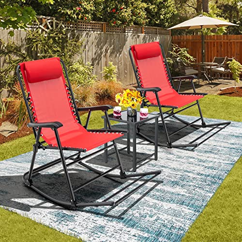 Tangkula Outdoor Folding Rocking Chair, No Assembly Required, Foldable Rocker Recliner with Headrest, Portable Lounge Chair for Camping, Patio, Lawn, Garden, Yard or Balcony