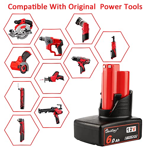 waitley 12V 6Ah Replacement Battery Compatible with Milwaukee M12 6.0Ah Lithium-ion Battery 48-11-2411 48-11-2440 48-11-2402 Tools