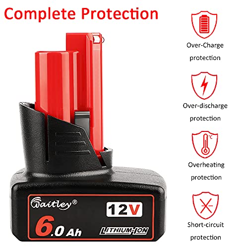 waitley 12V 6Ah Replacement Battery Compatible with Milwaukee M12 6.0Ah Lithium-ion Battery 48-11-2411 48-11-2440 48-11-2402 Tools