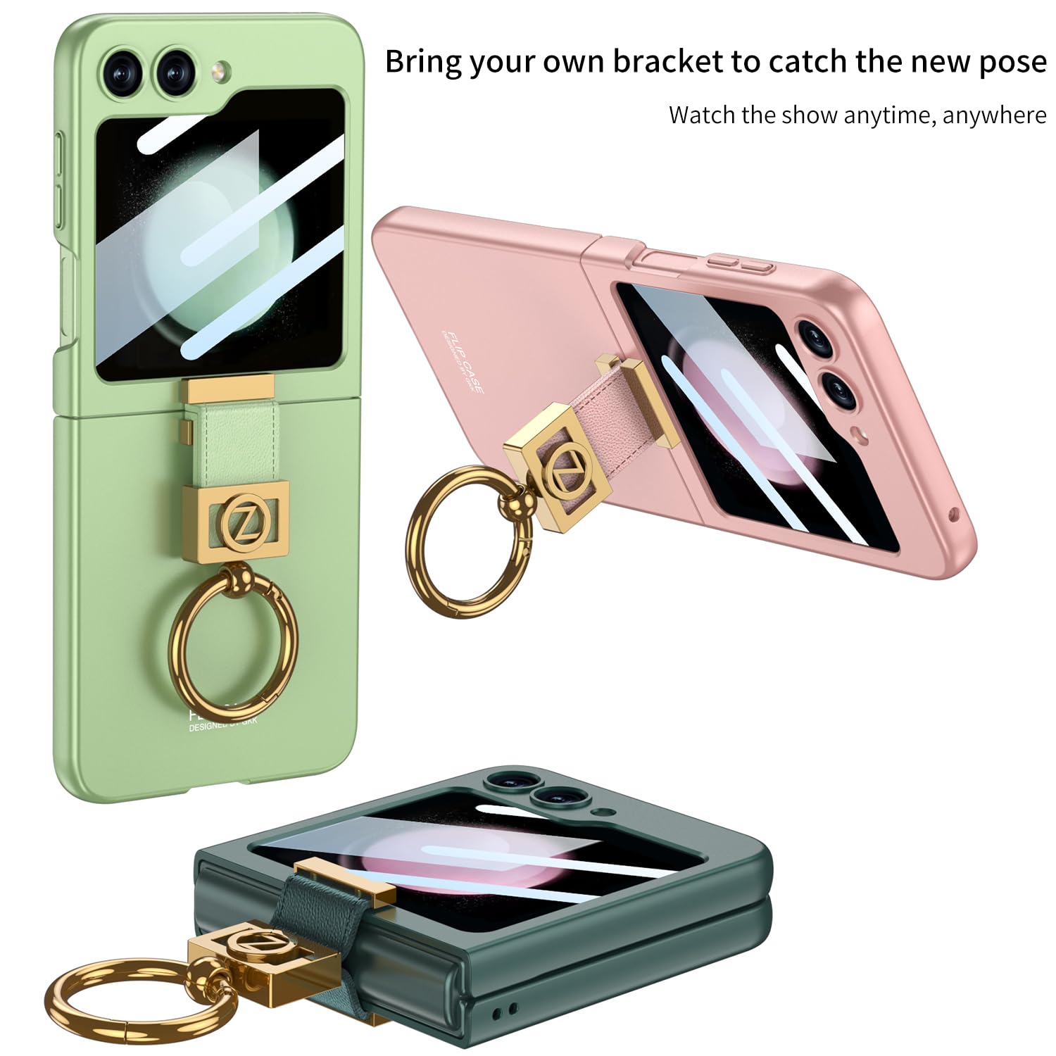 MiorMiar Ultra-Thin Leather Mobile Phone case for Samsung Galaxy Z Flip 5, Folding Hard PC Protective Shockproof Cover with Ring, Camera Protector Shell for Z Flip5 (Light Green)