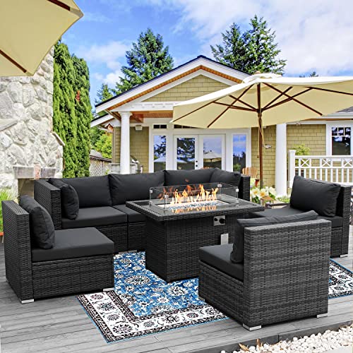Modern Patio Furnitures Outdoor Sectional PE Wicker Sofa Sets with Waterproof Steel Frame & Thicken Charcoal Cushions & CSA Aproved Aluminum Propane Fire Pit Table 55000 BTU (Wicker Gray-7 Pcs)