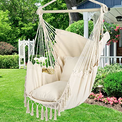 Y- STOP Hammock Chair Hanging Rope Swing, Max 500 Lbs, 2 Cushions Included, Large Macrame Hanging Chair with Pocket for Superior Comfort, with Hardware Kit, Beige