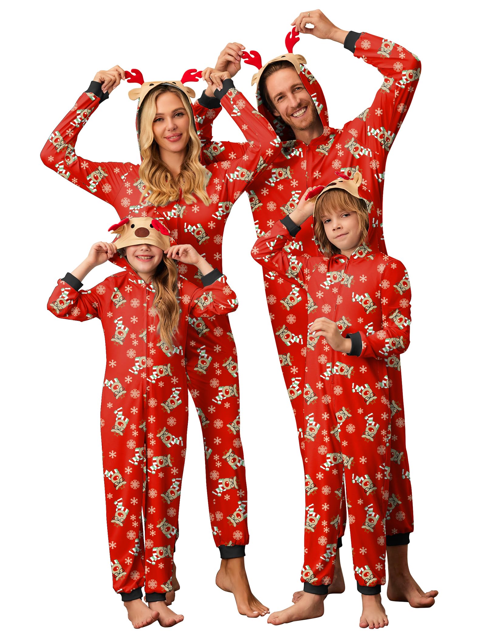 Ekouaer Christmas Onesie Matching Family Elk Antler Hooded Zipper One Piece Long Sleeve Pajamas with Pockets Reindeer Red XL