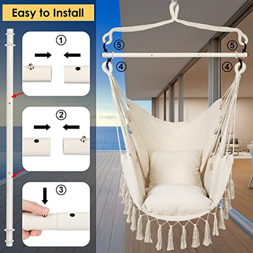 Y- STOP Hammock Chair Hanging Rope Swing, Max 500 Lbs, 2 Cushions Included, Large Macrame Hanging Chair with Pocket for Superior Comfort, with Hardware Kit, Beige