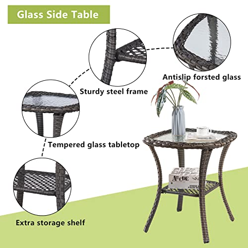 Patio Tables Wicker Side Table - Rattan End Table with Glass Top for Outdoor Outside Patio Porch Deck Square Mixed-Grey