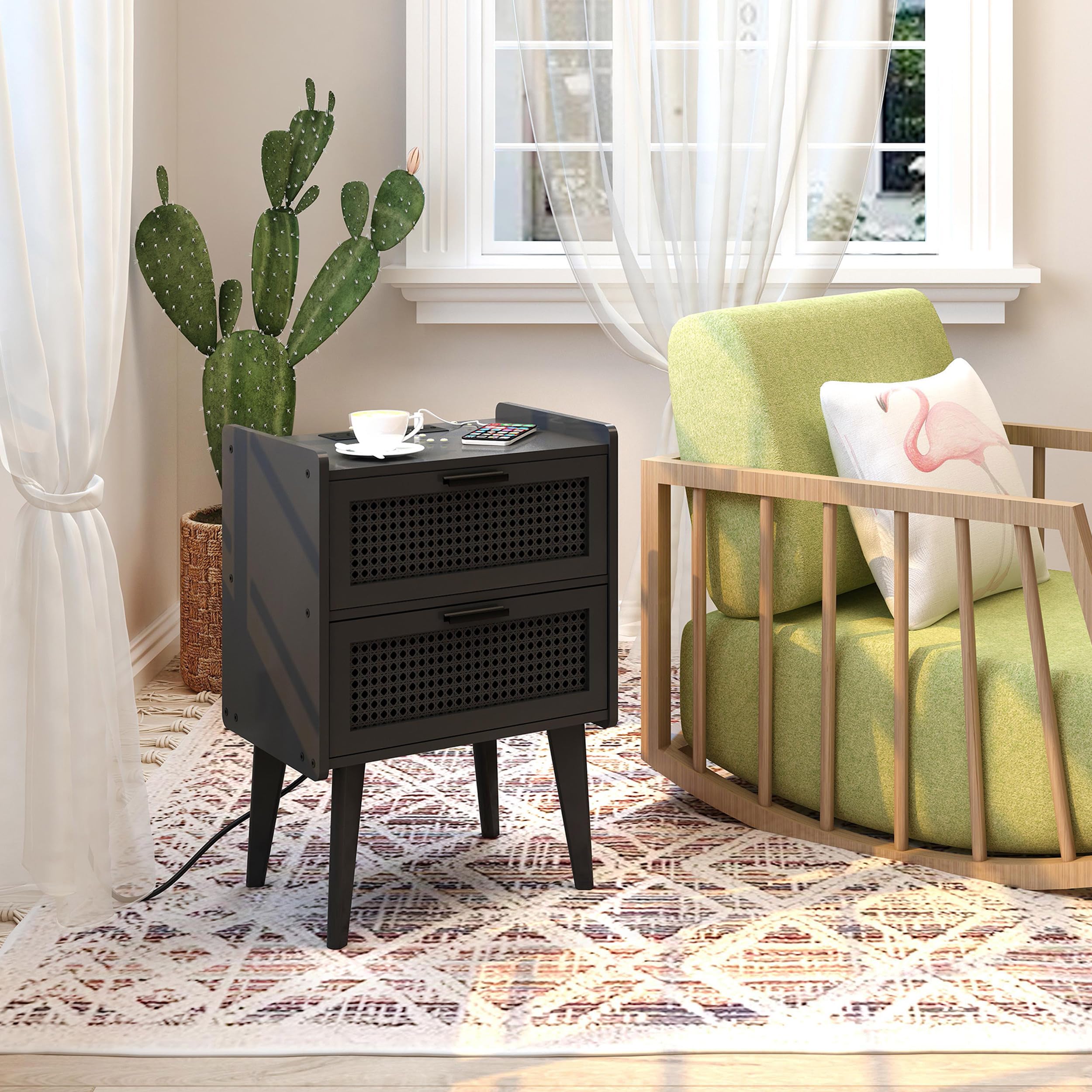 HHETOGOL Small Black Nightstand with Charging Station & 2 Rattan-Like Decor Drawers,Small End Table with Solid Wood Feet for Small Bedroom, Living Room, Natural, TTBZ02BKE