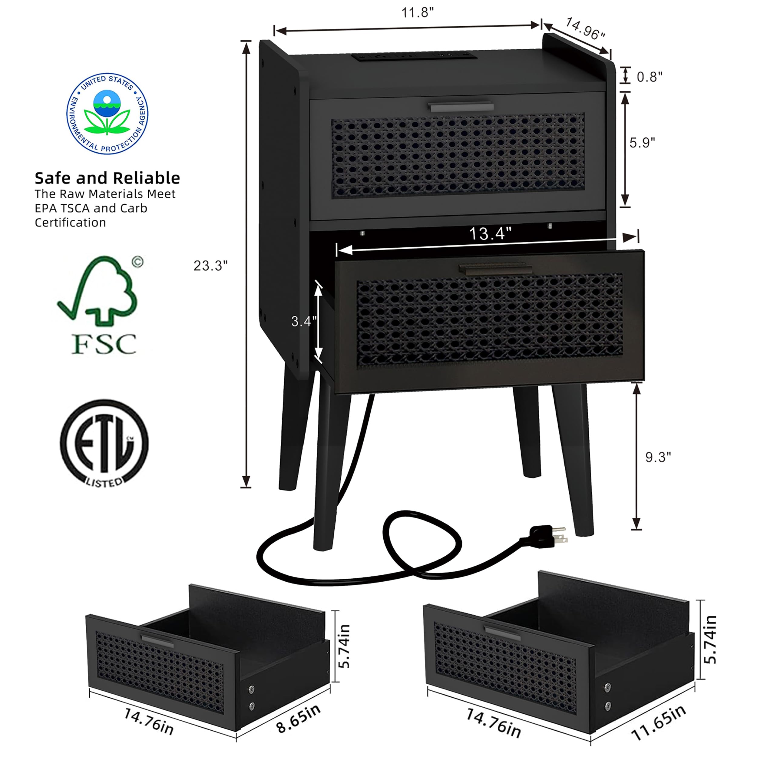 HHETOGOL Small Black Nightstand with Charging Station & 2 Rattan-Like Decor Drawers,Small End Table with Solid Wood Feet for Small Bedroom, Living Room, Natural, TTBZ02BKE