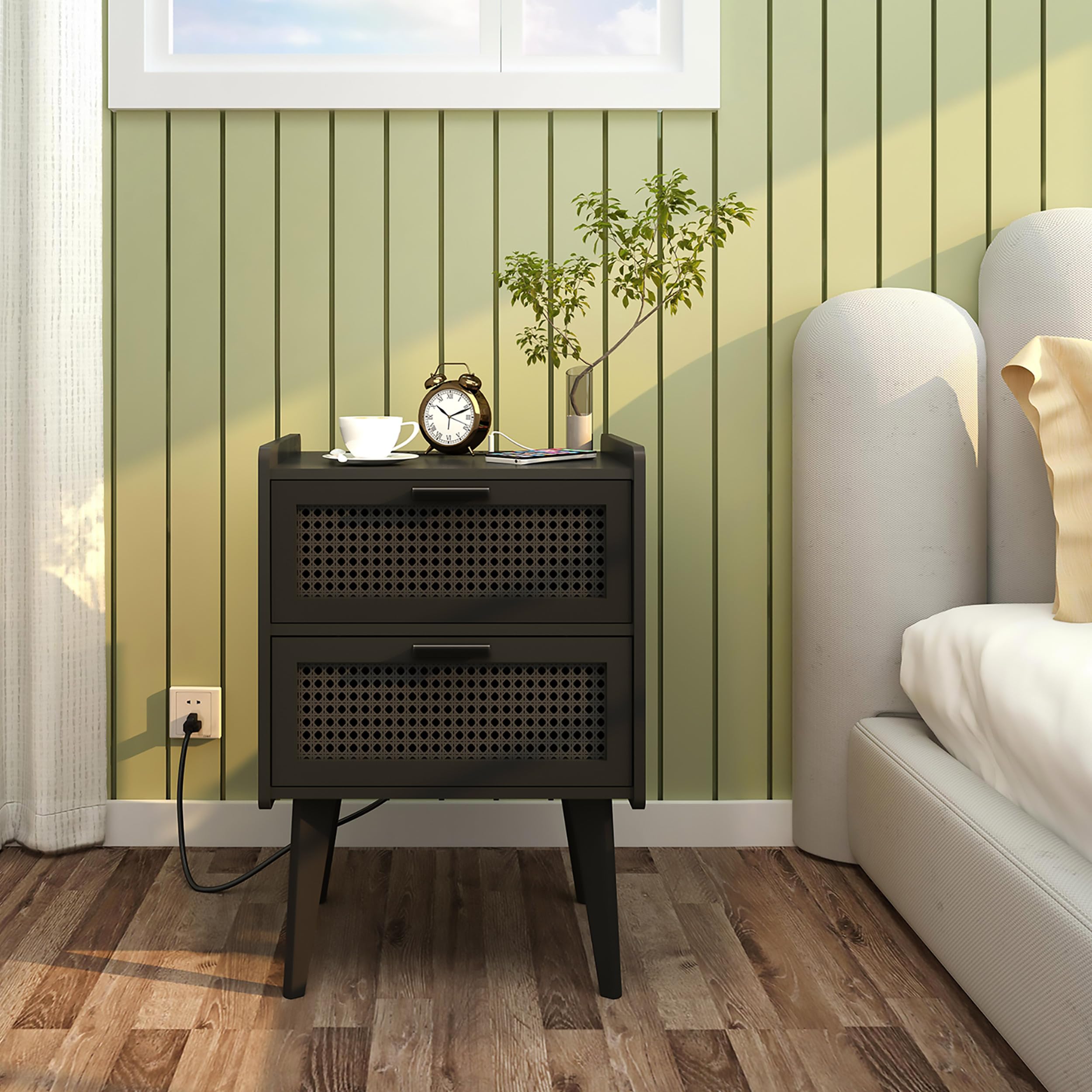 HHETOGOL Small Black Nightstand with Charging Station & 2 Rattan-Like Decor Drawers,Small End Table with Solid Wood Feet for Small Bedroom, Living Room, Natural, TTBZ02BKE