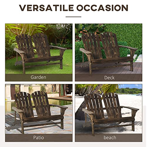 Outsunny 2 Person Adirondack Loveseat, Fire Pit Chair for 2, Wooden Double Adirondack for Patio, Porch, Backyard, Garden with High-Back, Wide Armrests, Brown