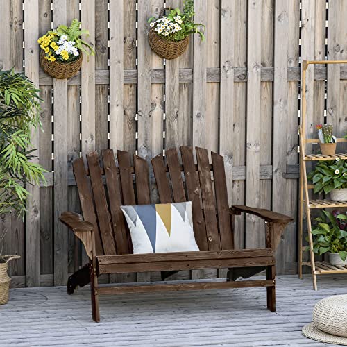 Outsunny 2 Person Adirondack Loveseat, Fire Pit Chair for 2, Wooden Double Adirondack for Patio, Porch, Backyard, Garden with High-Back, Wide Armrests, Brown