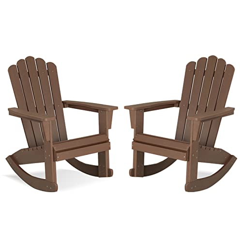 Psilvam Adirondack Patio Rocking Chair, Poly Lumber Porch Rocker with High Back, 350Lbs Support Rocking Chairs for Both Outdoor and Indoor, Poly Rocker Chair Looks Like Real Wood Set of 2（Brown）