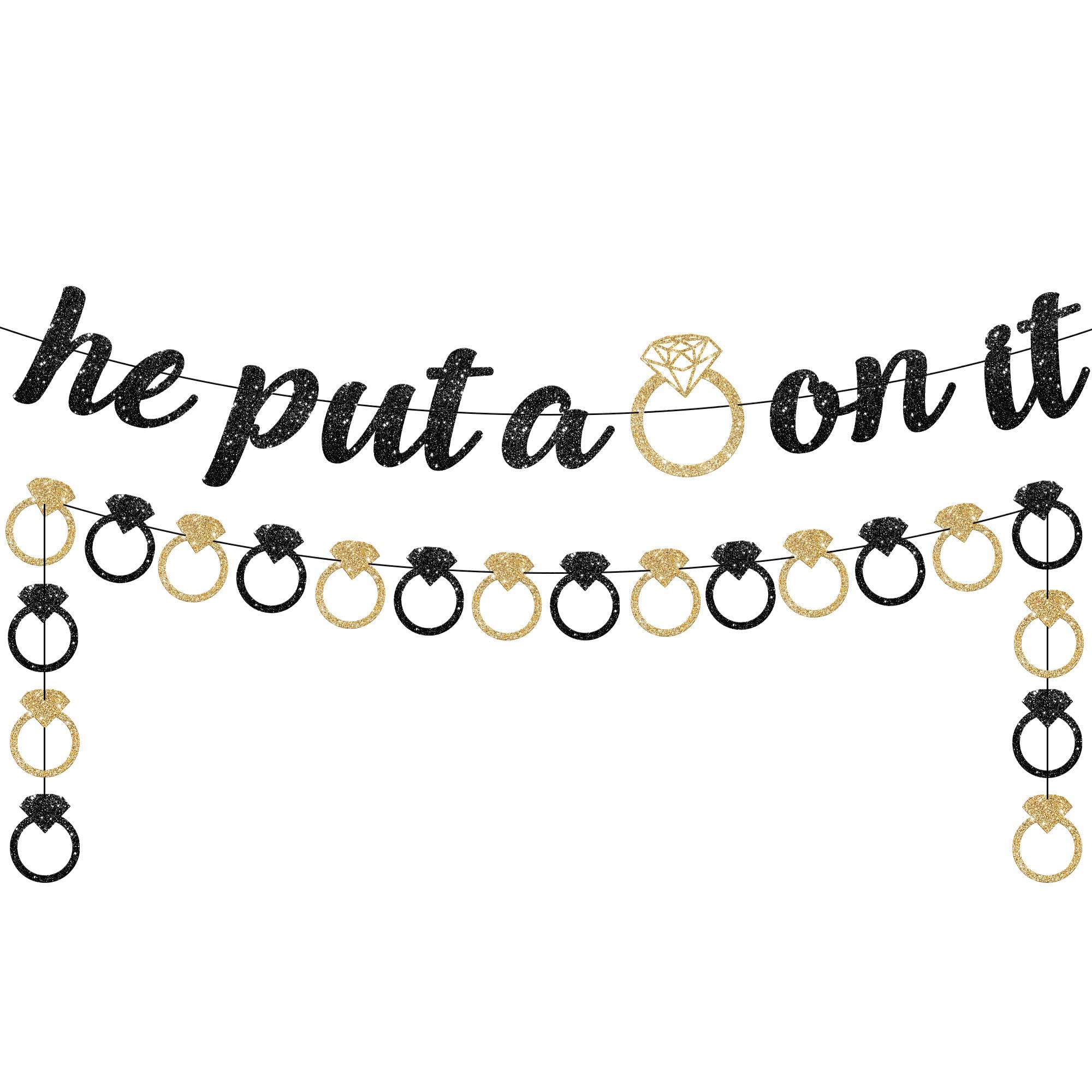 KatchOn, Glitter He Put A Ring On It Banner with Cute Diamond Ring Balloon - Pack of 2 | Engagement Ring Balloons, Black and Gold Engagement Party Decor | Diamond Balloons for Wedding, Bridal Shower
