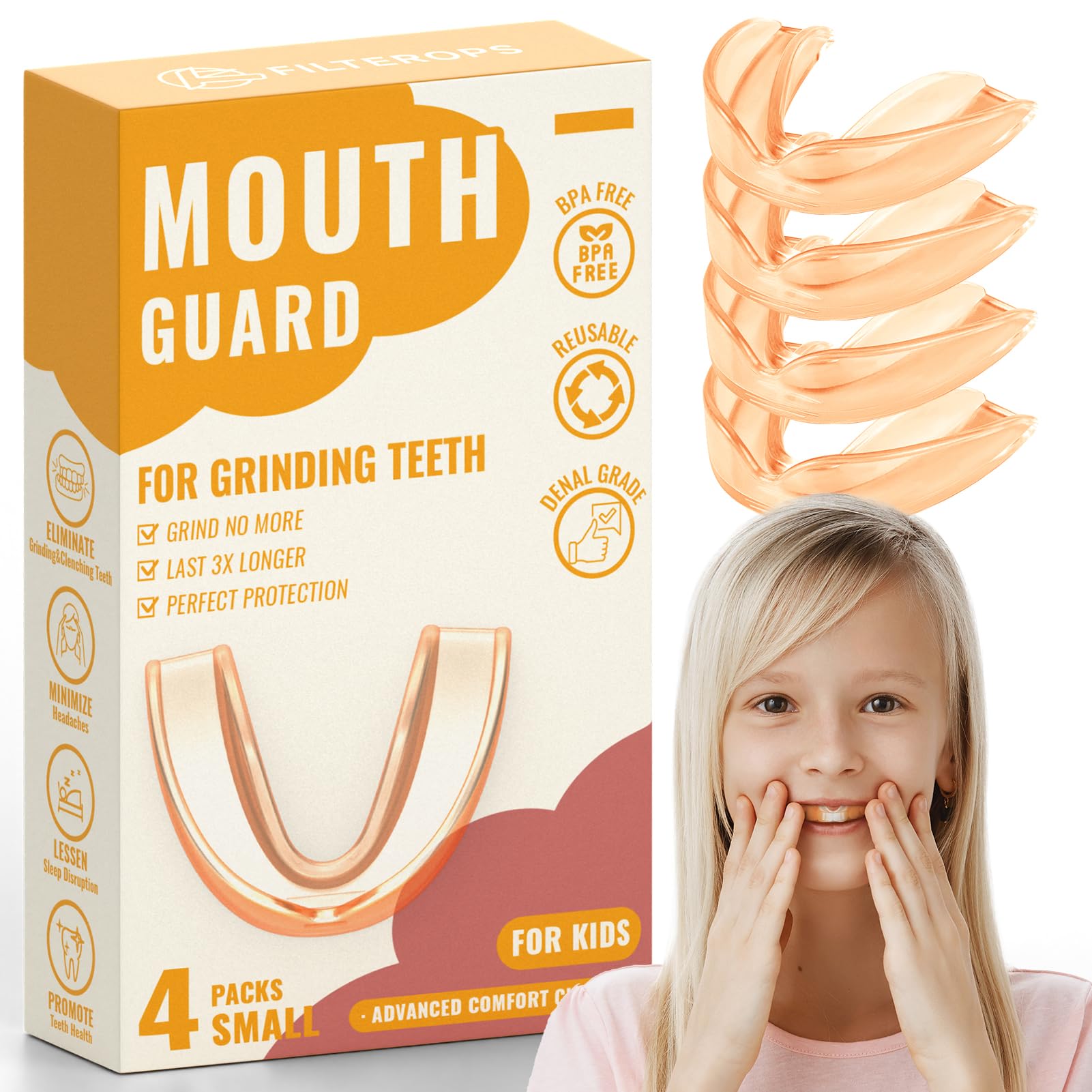 Filterops Orange Custom Kids Mouth Guard, 4 Pcs Maximum Protection Dental Guard for Kids, Comfortable Night Guard for Teeth Grinding Clenching Teeth at Night, Stops Bruxism, Tmj, Teeth Whitening Tray