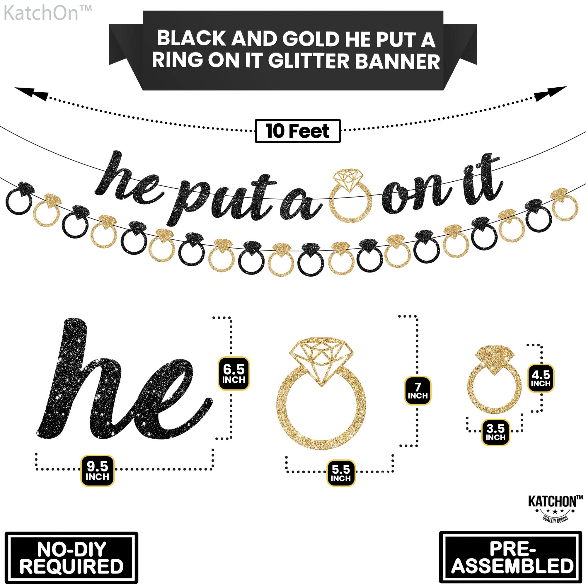 KatchOn, Glitter He Put A Ring On It Banner with Cute Diamond Ring Balloon - Pack of 2 | Engagement Ring Balloons, Black and Gold Engagement Party Decor | Diamond Balloons for Wedding, Bridal Shower