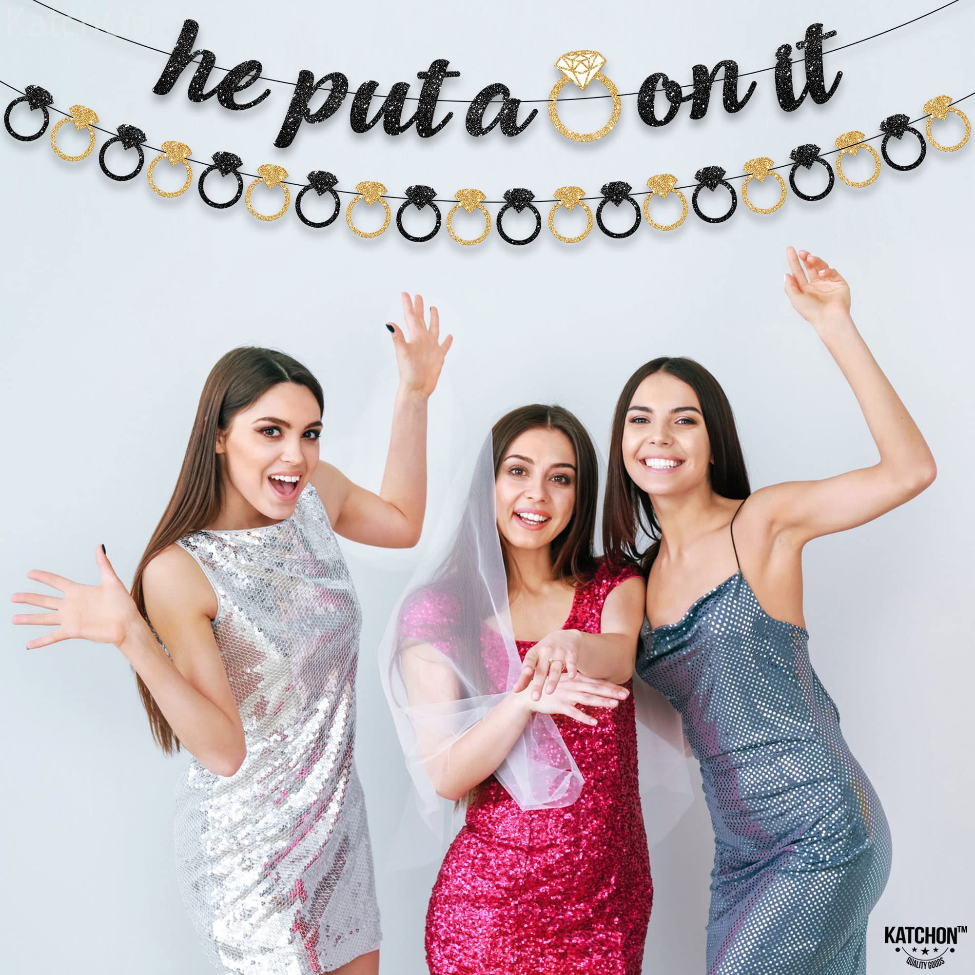 KatchOn, Glitter He Put A Ring On It Banner with Cute Diamond Ring Balloon - Pack of 2 | Engagement Ring Balloons, Black and Gold Engagement Party Decor | Diamond Balloons for Wedding, Bridal Shower