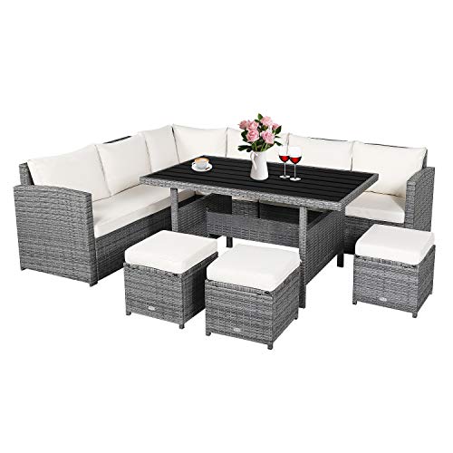 RELAX4LIFE 7 PCS Wicker Patio Furniture Set Outdoor Rattan Sofa Set All Weather with Dining Table & Ottomans Soft Cushions for Backyard Garden Poolside Balcony Sectional Conversation Couch Set (White)