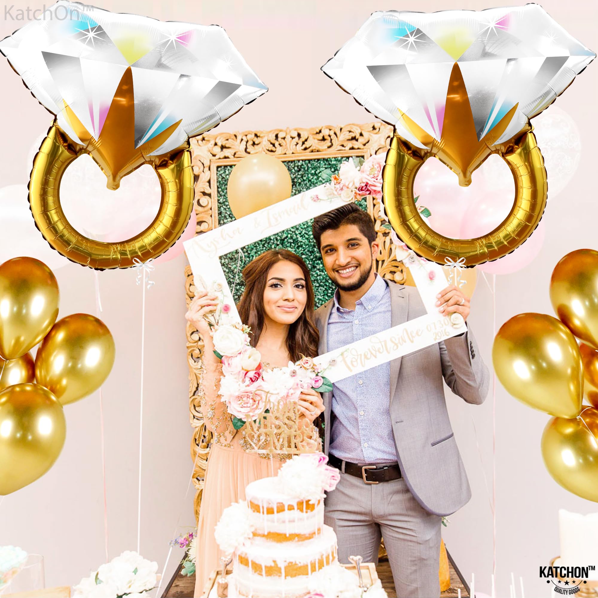 KatchOn, Glitter He Put A Ring On It Banner with Cute Diamond Ring Balloon - Pack of 2 | Engagement Ring Balloons, Black and Gold Engagement Party Decor | Diamond Balloons for Wedding, Bridal Shower