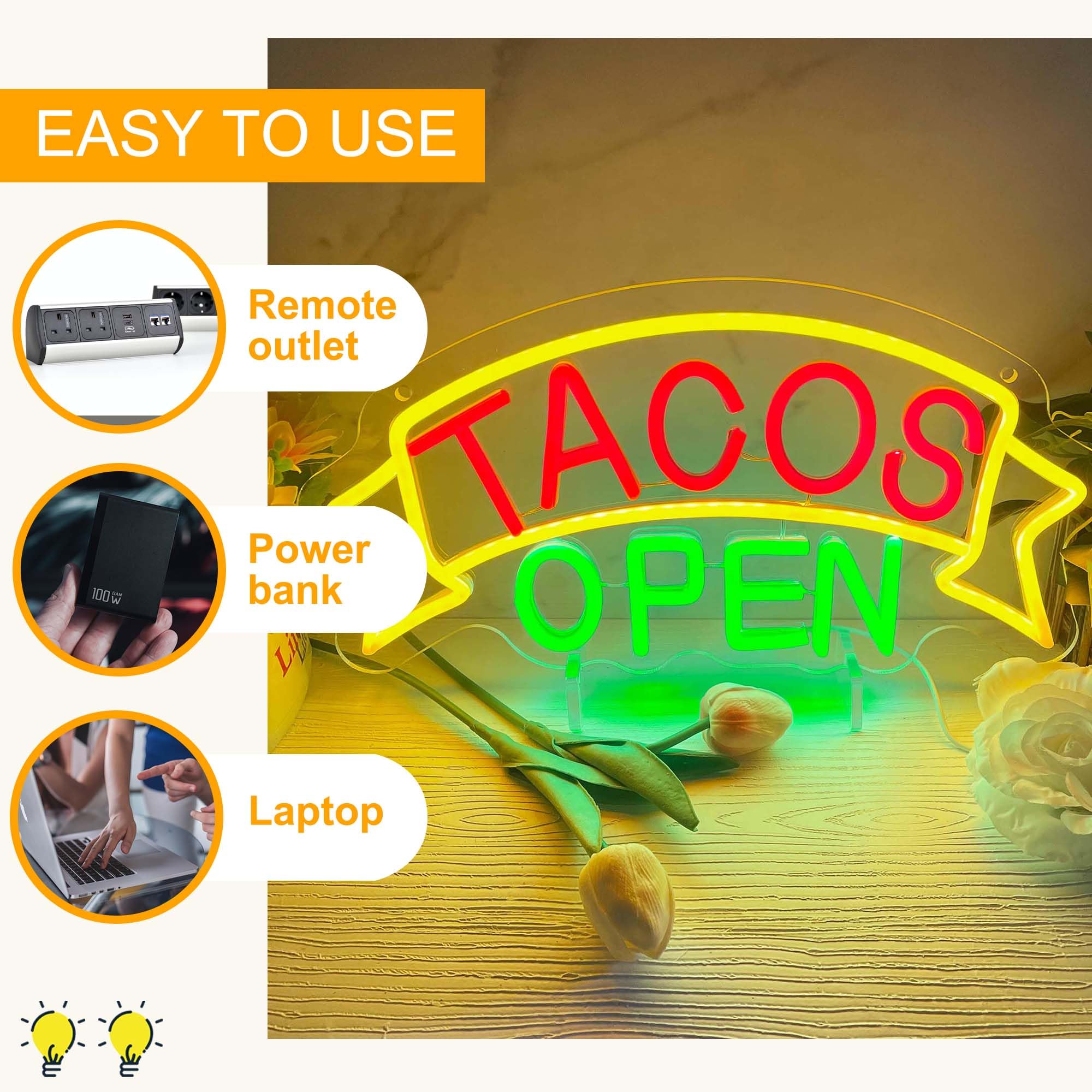 Tacos Open Neon Signs for Wall Decor, LED Taco Neon Light for Mexican Restaurant Decor, Taco Food Light Coffee Bar Restaurant Welcome Sign, Gifts for Taco Lover