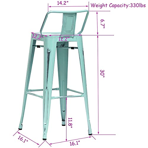 Changjie Furniture Metal Bar Stools Set of 4 Distressed Industrial Counter Bar Stool with Backs Bistro Cafe Barstools(30 inch, Distressed Blue-Green)